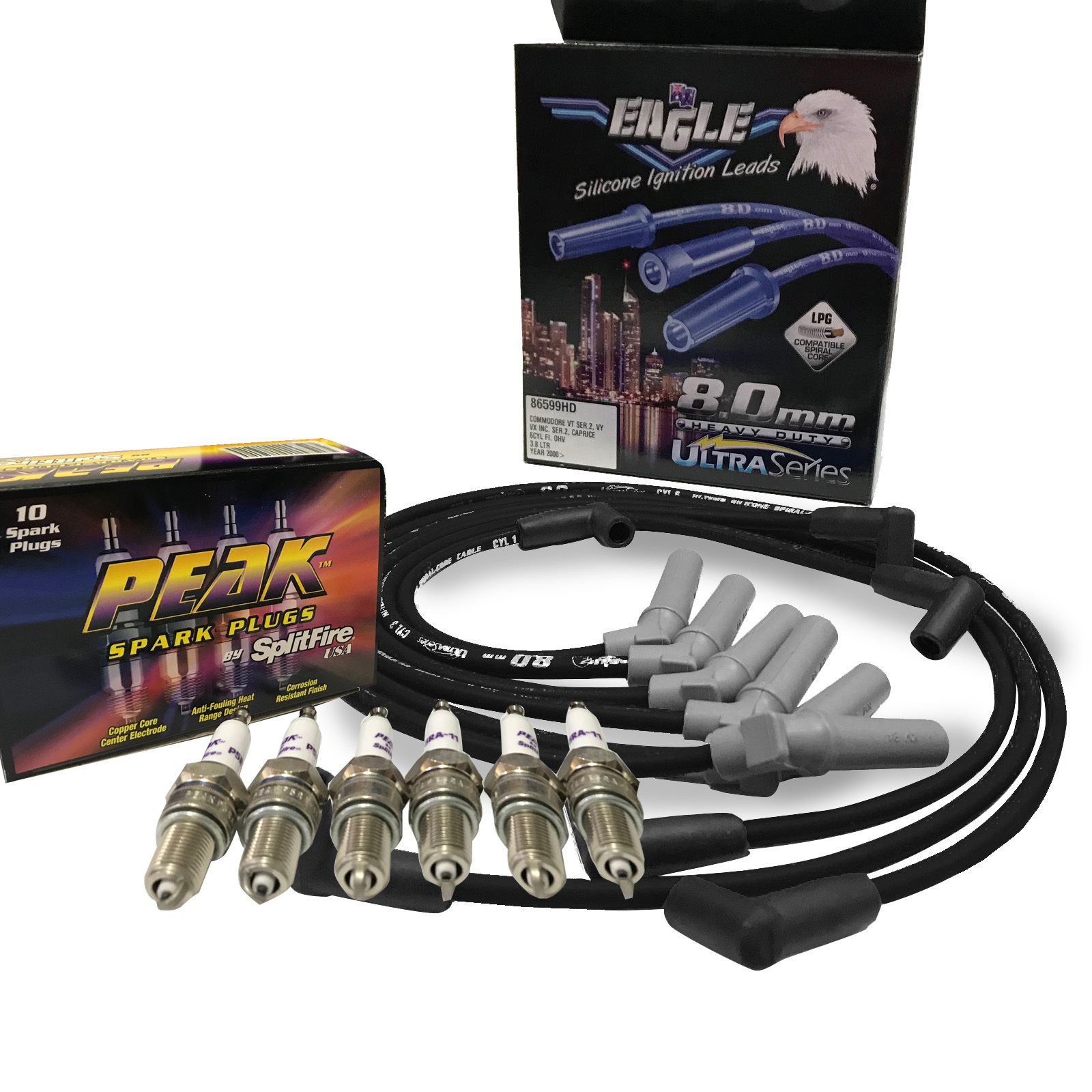 EAGLE IGNITION LEADS and SPLITFIRE SPARK PLUGS Tuning Fits Commodore V6 ...